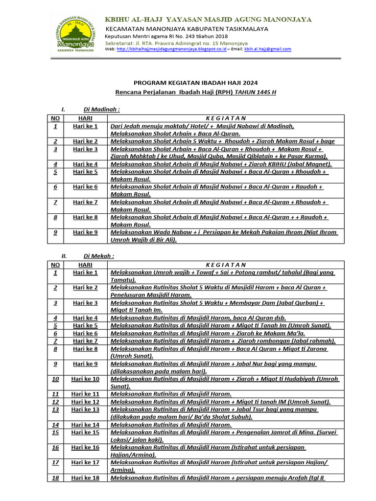 RPH Al Hajj - Jadwal Perjalanan Di As - RPA 2024 | PDF