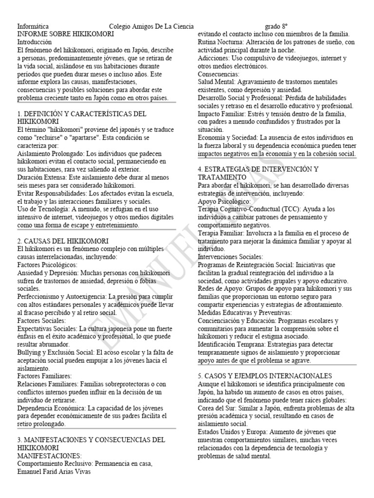 Informe Sobre Hikikomori Emanuel | PDF | Terapia de conducta cognitiva | Trastorno depresivo mayor