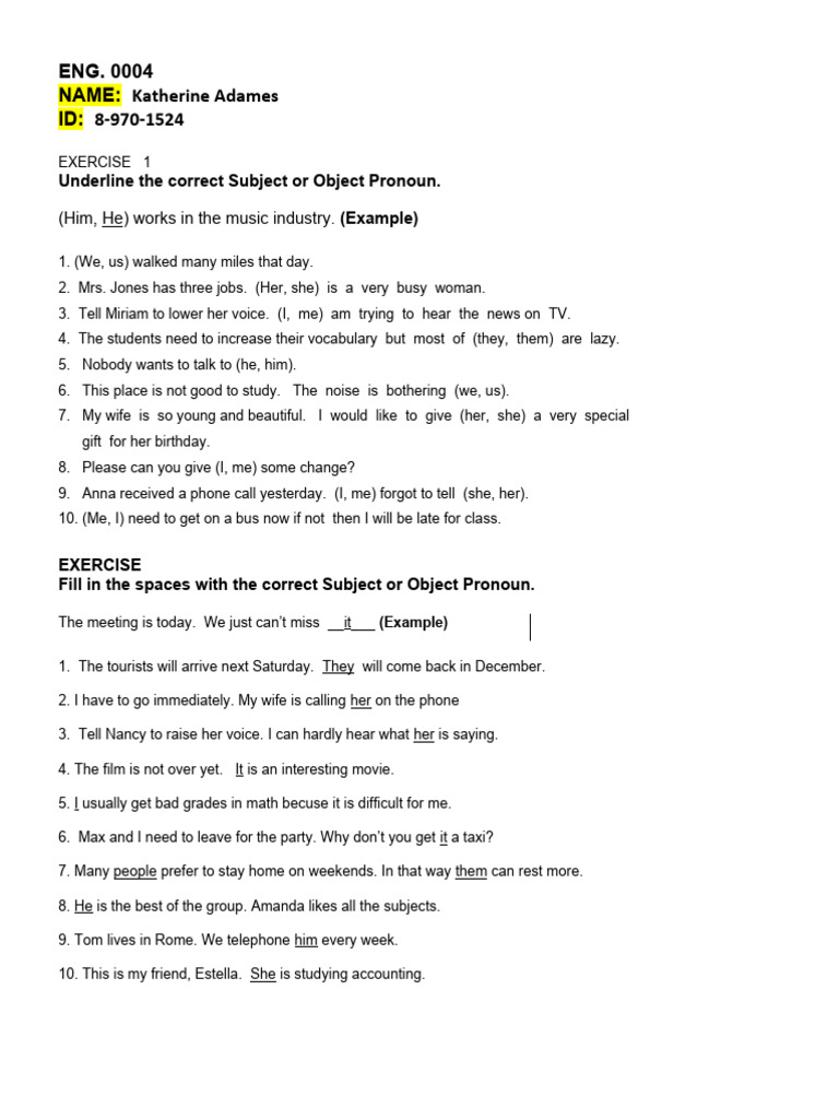 SUBJECT & OBJECT PRONOUNS Tarea | PDF