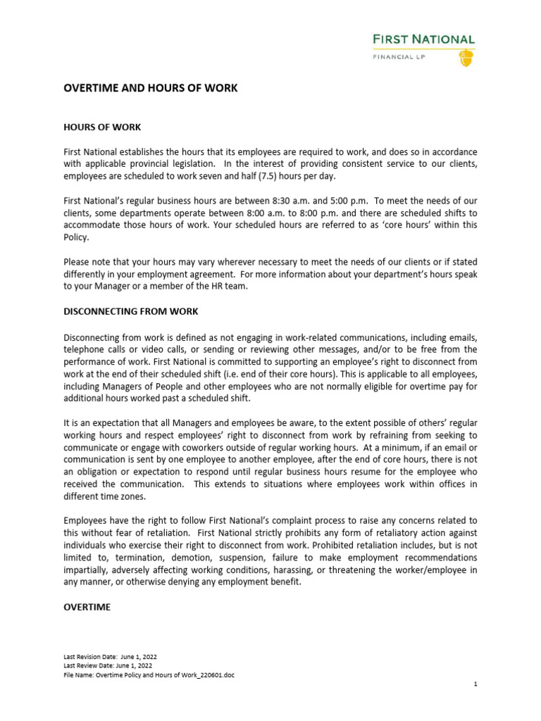 Overtime Policy and Hours of Work - 220601 | PDF | Overtime | Employment