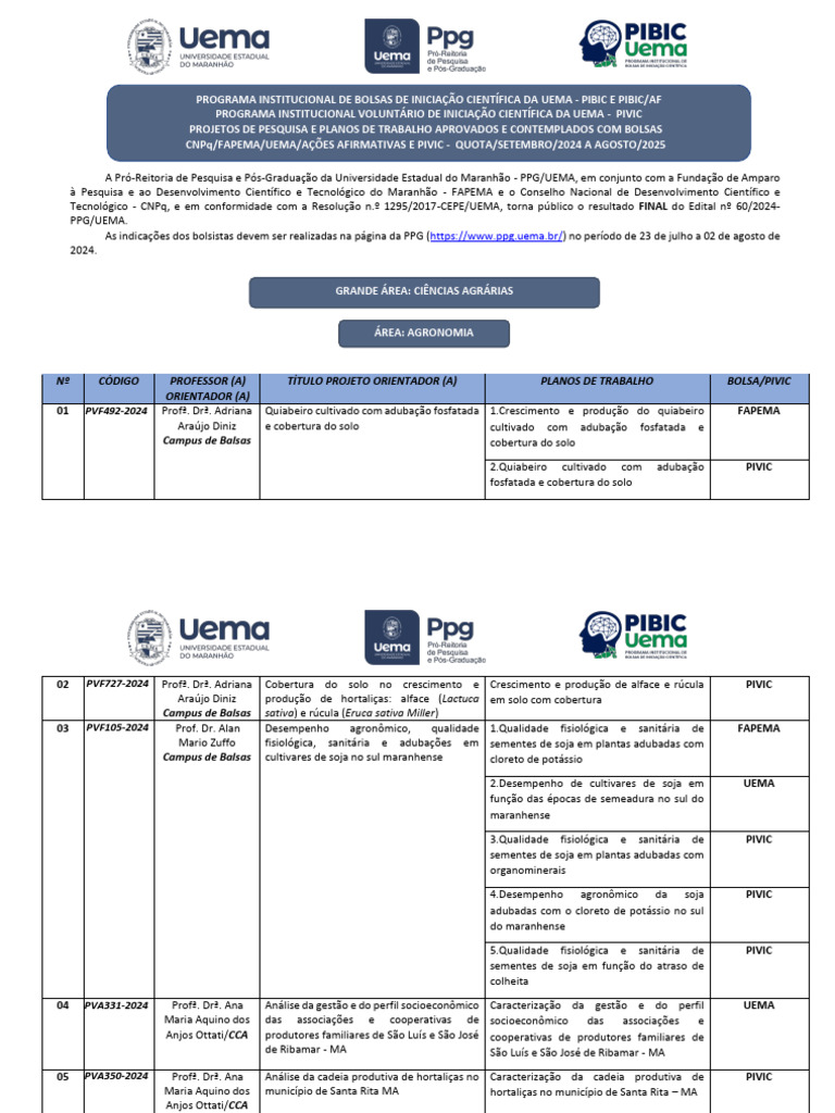 Projetos e Planos Resultado Final Pibic Pibic Af e Pivic 2024 | PDF ...
