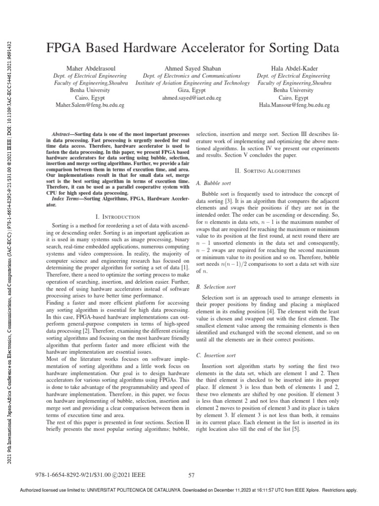 Fpga Based Hardware Accelerator For Sorting Data Pdf Computer Engineering Computing