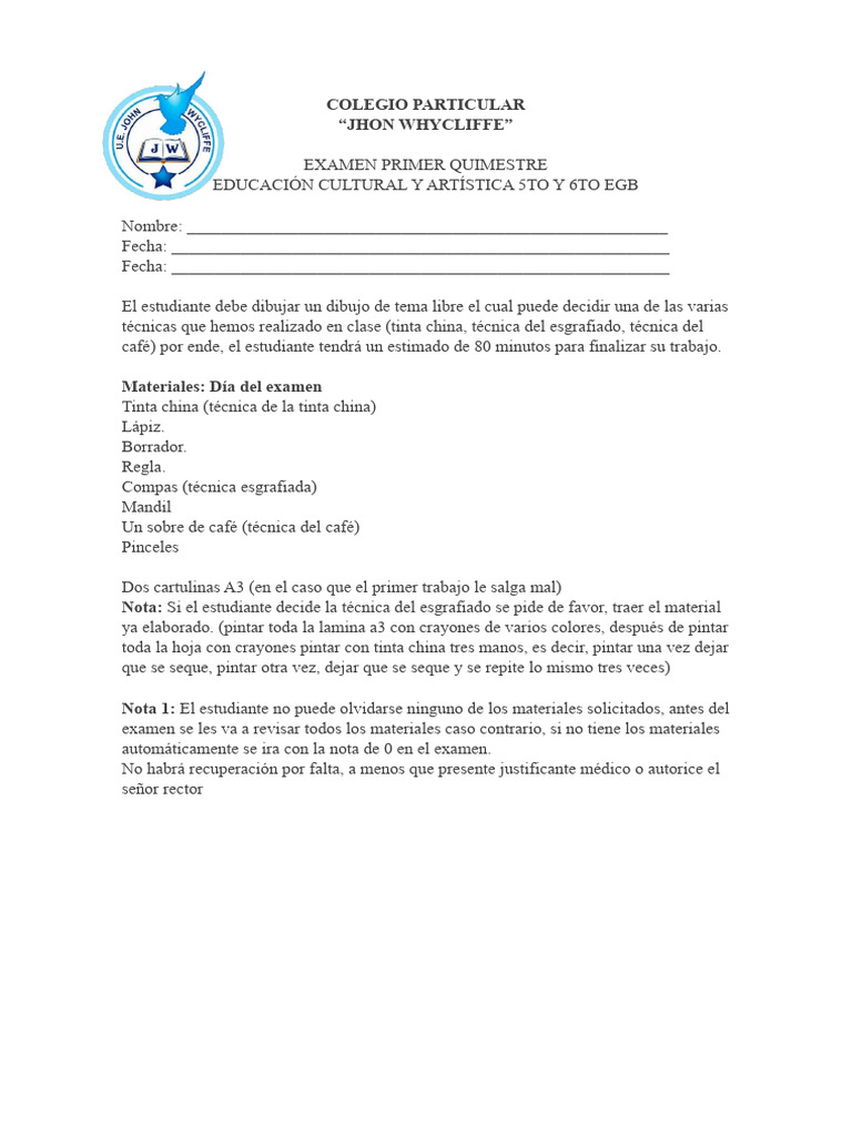 Examen de Arte Visual 5to y 6to EGB | PDF | Diseño