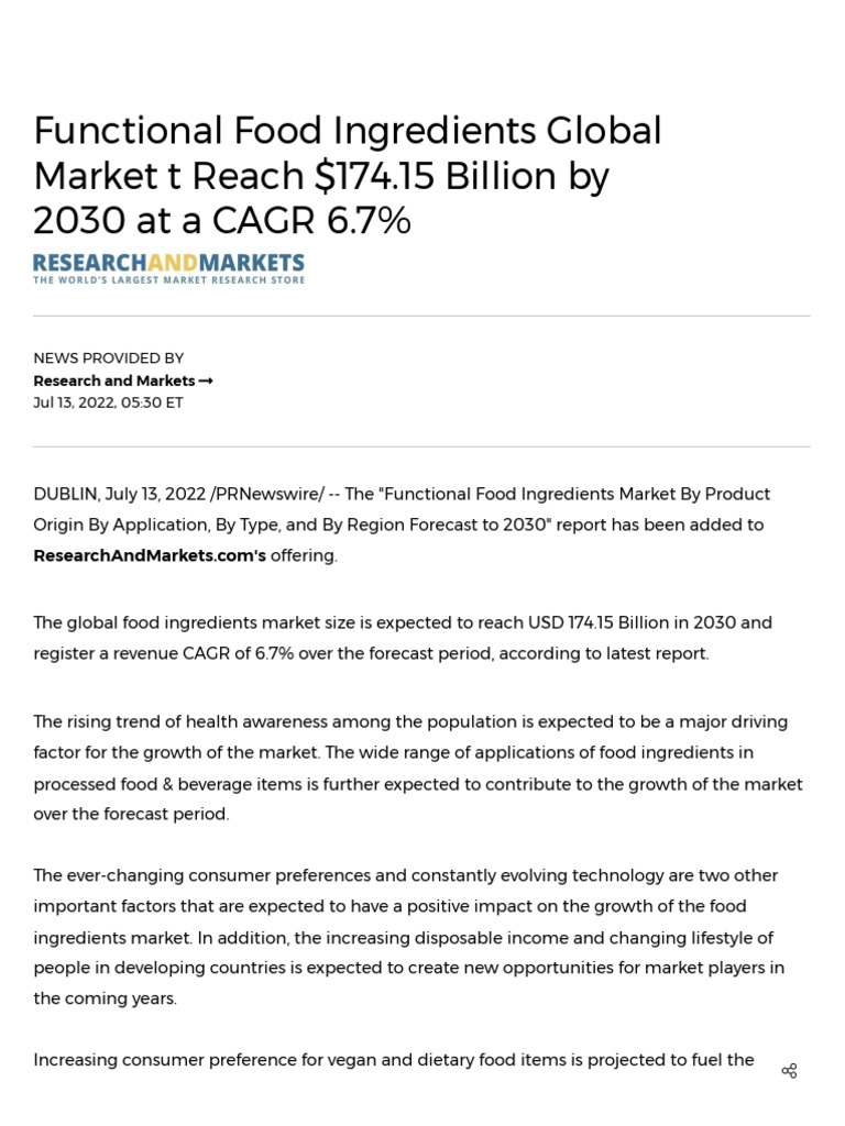 Functional Food Ingredients Global Market T Reach $174.15 Billion by ...