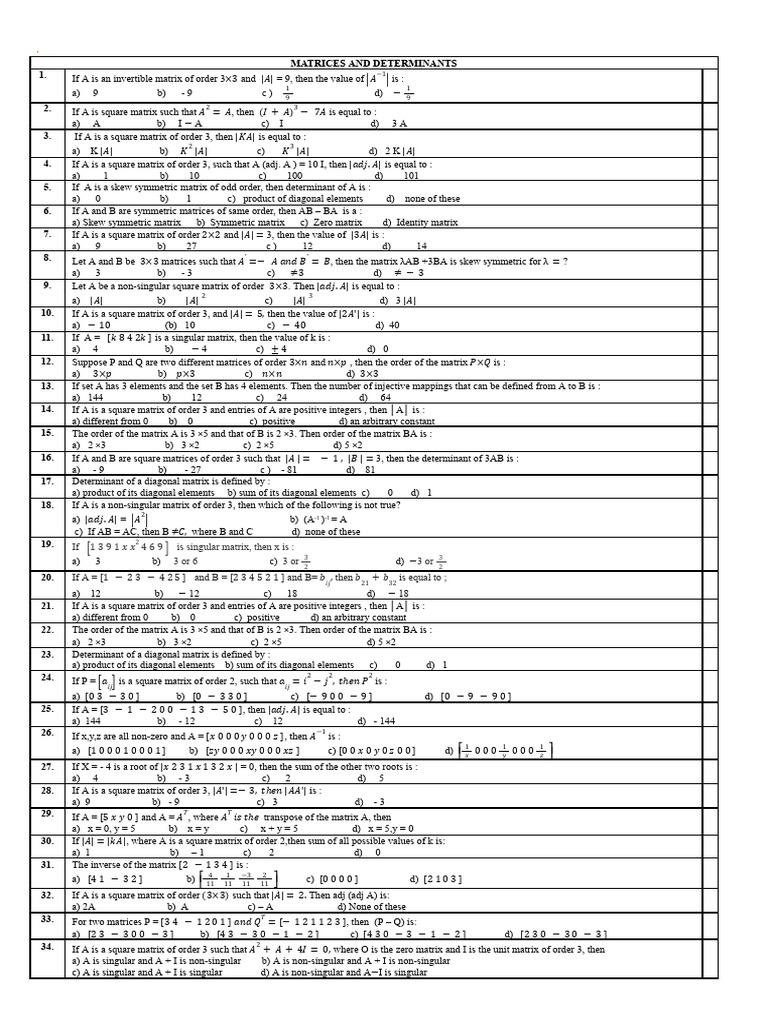 Matrices and Determinants MCQS | PDF | Matrix (Mathematics) | Determinant