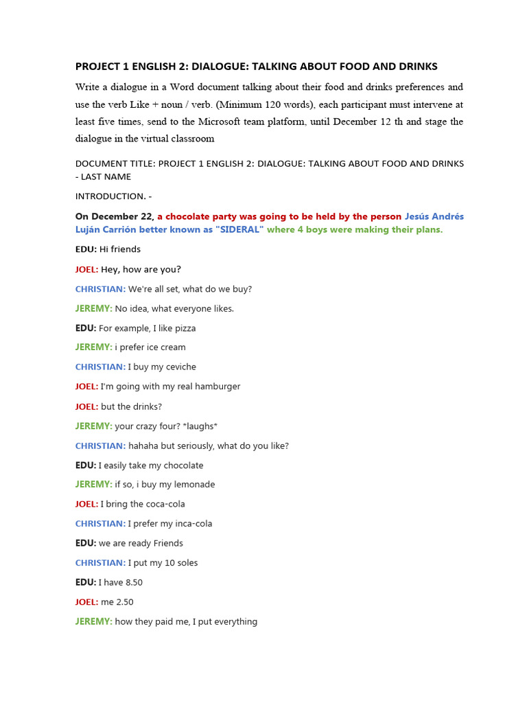Project 1 English 2 Dialogue About Food and Drinks Unfv - Gil William | PDF