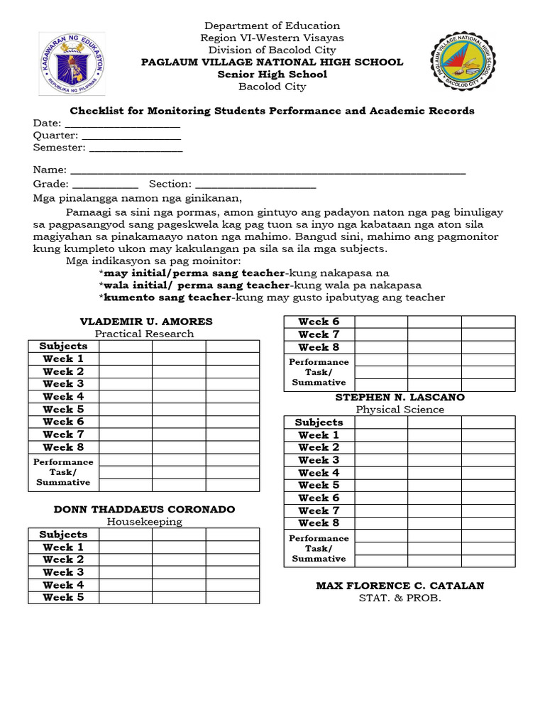 CHECKLIST FOR MONITORING OF ACAD RECORDS - New | PDF