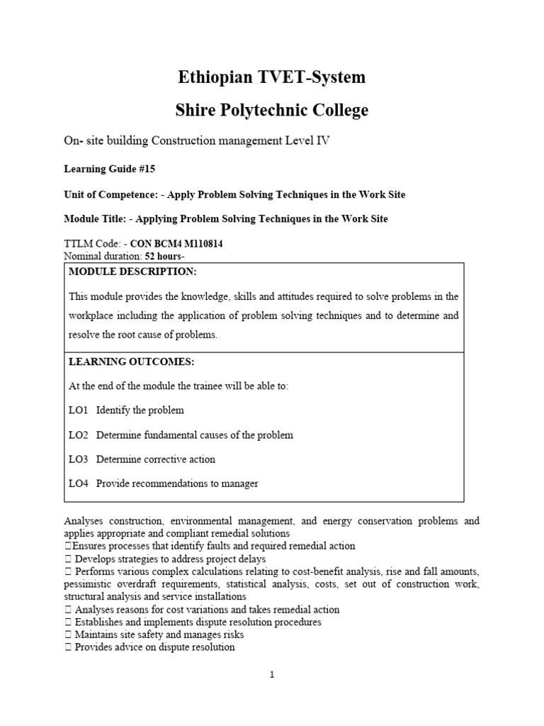 Module 13 Apply Problem Solving Techniques in The Work Site | PDF ...