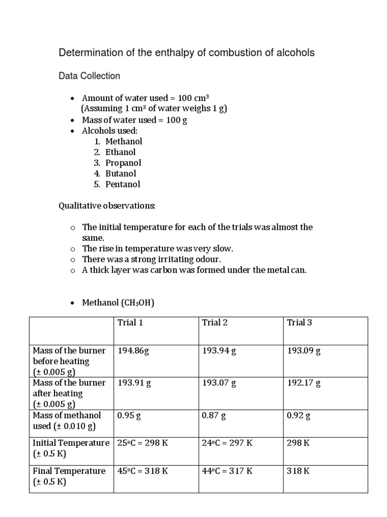 Enthalpy of Combustion of Alcohols | PDF | Ethanol | Mole (Unit)