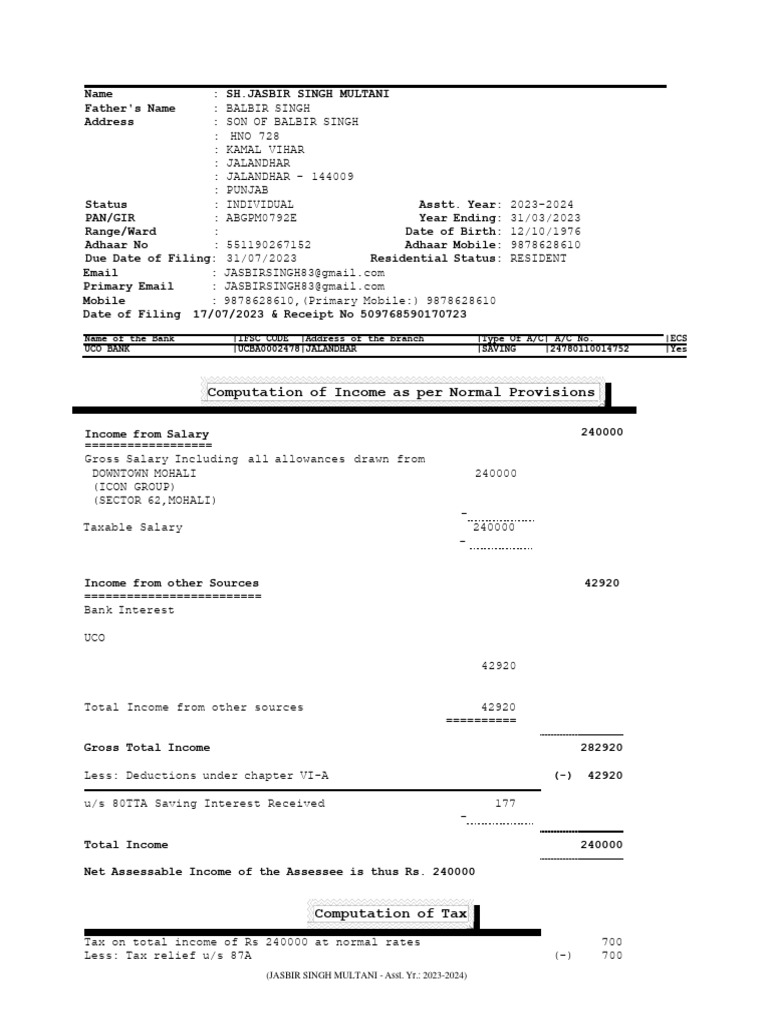 8.ITR's Amrik Singh 22-23 | PDF | Taxes | Income