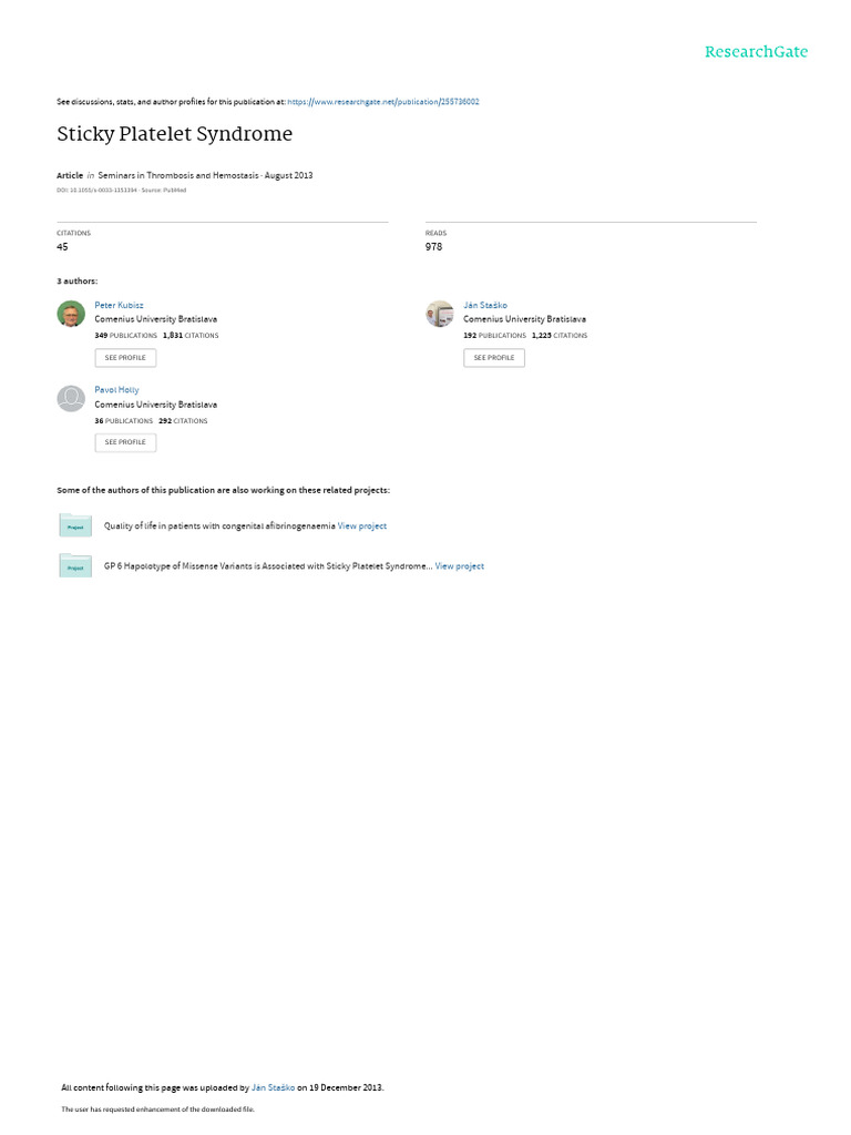 STH - Sticky Platelet Syndrome (2013) | PDF | Thrombosis | Coagulation