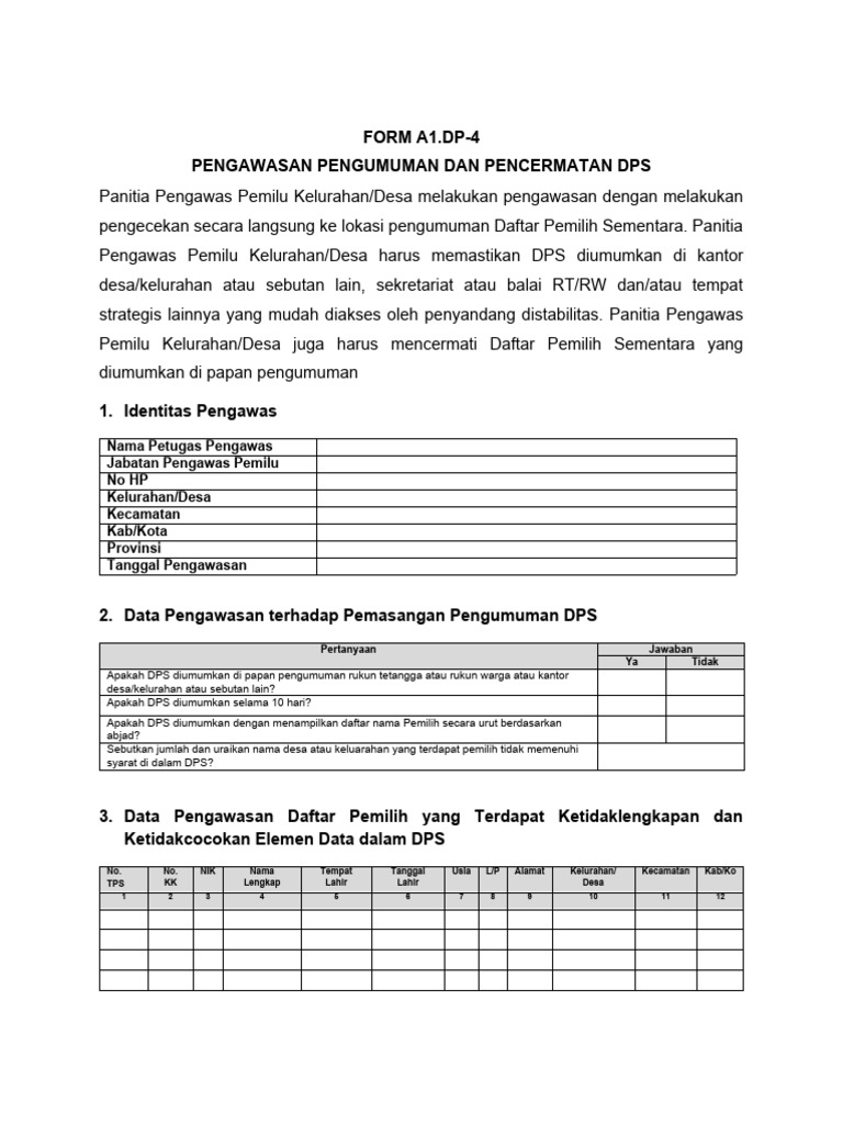 Form A1.dp-4 Pengawasan Pengumuman Dan Pencermatan DPS | PDF