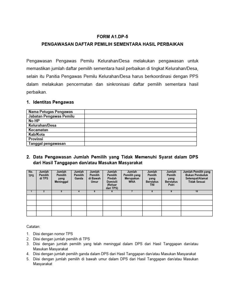 Form A1.dp-5 Pengawasan Daftar Pemilih Sementara Hasil Perbaikan | PDF | Politik | Hukum