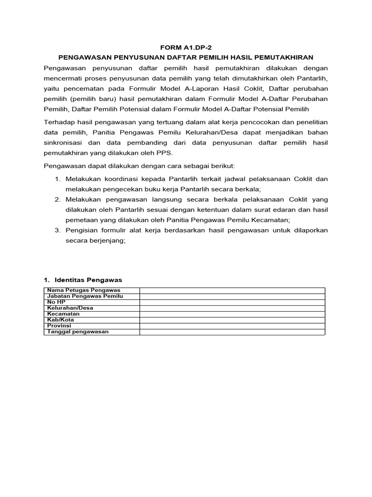 Form A1.dp-2 Pengawasan Penyusunan Daftar Pemilih Hasil Pemutakhiran | PDF