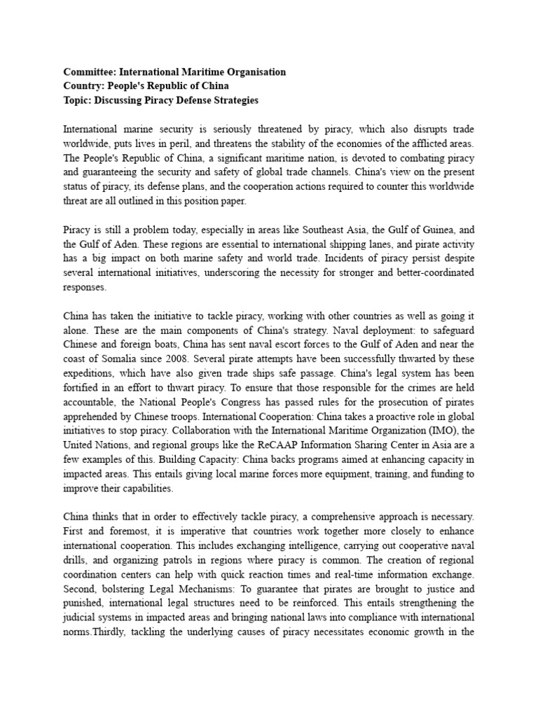 HMUN 10TH SESS POSITION PAPER - IMO - China - Kien Tran | PDF | Piracy ...