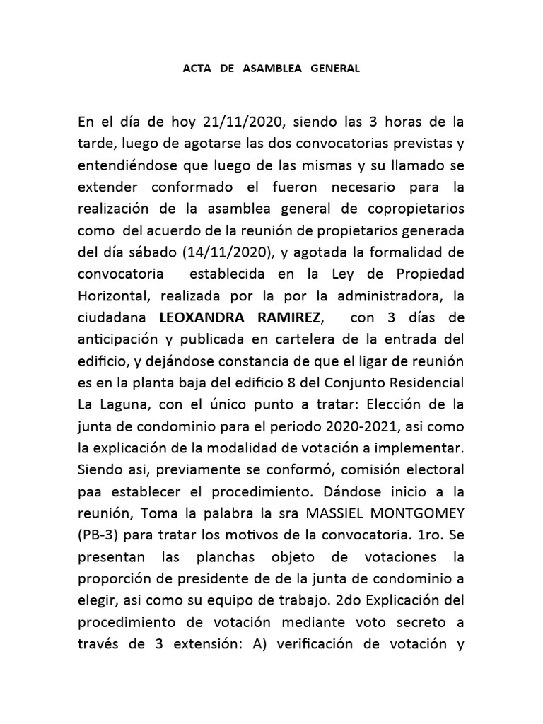 Acta Asamblea Copropietarios 2020 | PDF | Votación | Condominio
