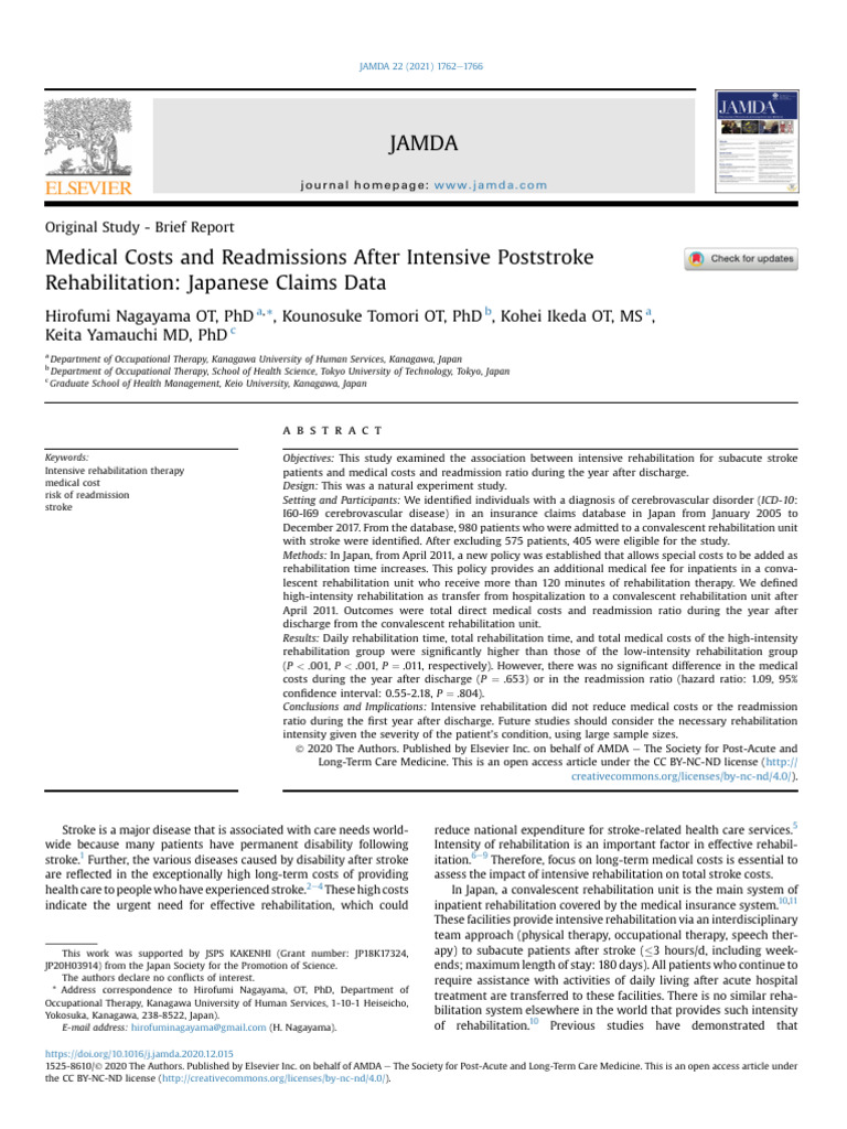 Medical Costs and Readmissions After Intensive Pos | PDF | Physical Therapy | Stroke