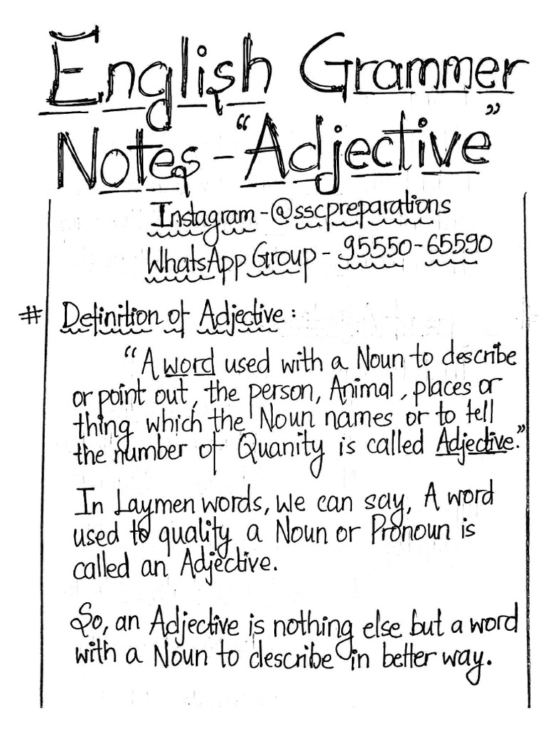 English Grammar Handwritten Notes Adjectives and Types of Adjectives | PDF