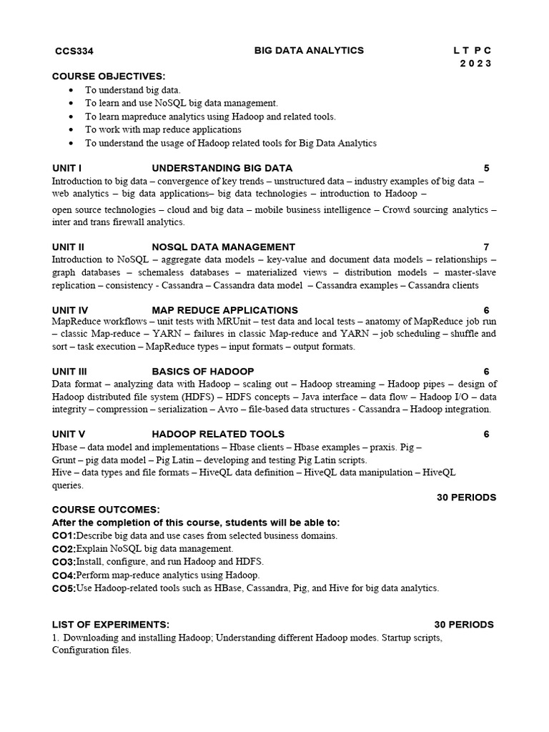 Big Data Analytics Syllabus | PDF | Apache Hadoop | Map Reduce