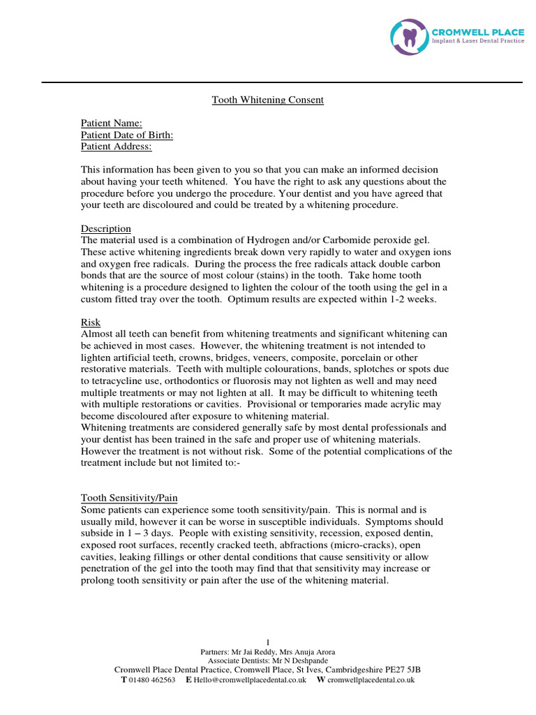 Tooth Whitening Consent Guide | PDF | Mouth | Dentistry