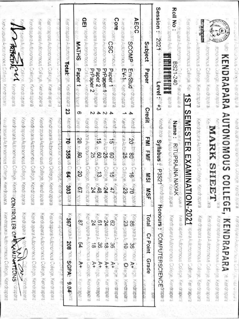 1st Sem Marksheet | PDF