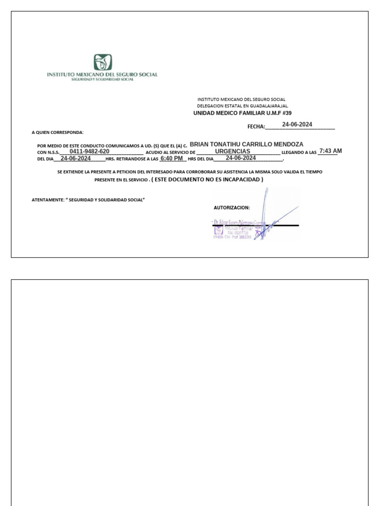 Comprobante de Asistencia IMSS UMF #39 | PDF