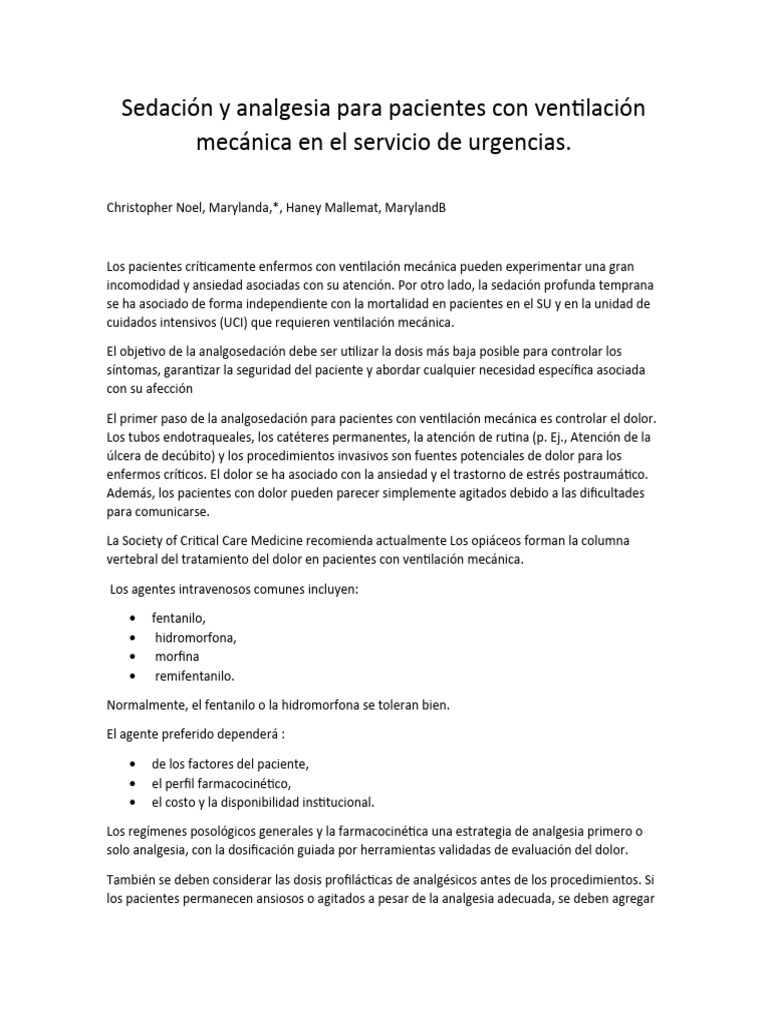 Sedación y Analgesia para Pacientes Con Ventilación Mecánica en El ...