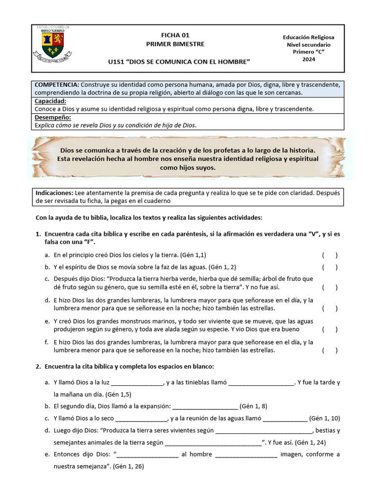 U1S1 FICHA Dios Se Comunica Con El Hombre LA CREACION | PDF | Dios ...