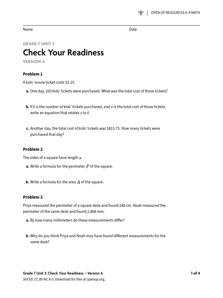 Ade 7.unit 3-Check Your Readiness Version A-En | PDF | Area | Geometry