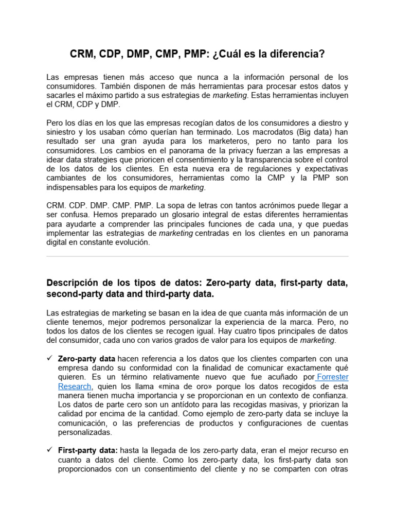 CRM CDP DMP CMP PMP Cuál Es La Diferencia | PDF | Gestión de la relación con el cliente | Marketing