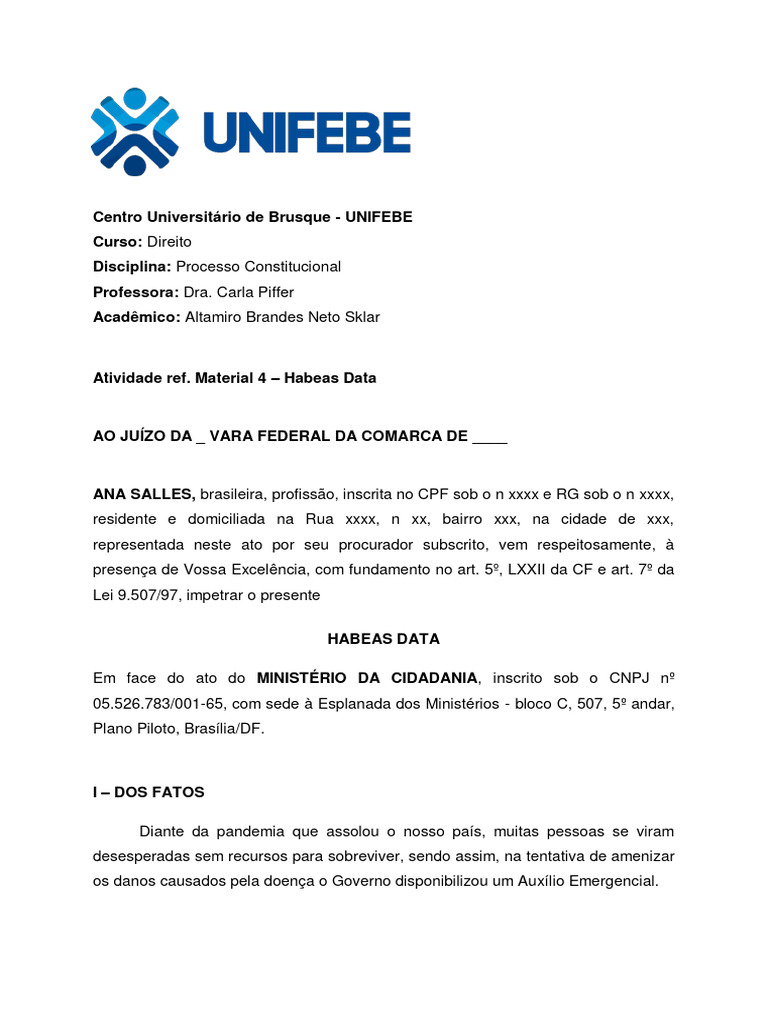 "Modelo" de Habeas Data | Download grátis PDF | Justiça | Crime e Violência