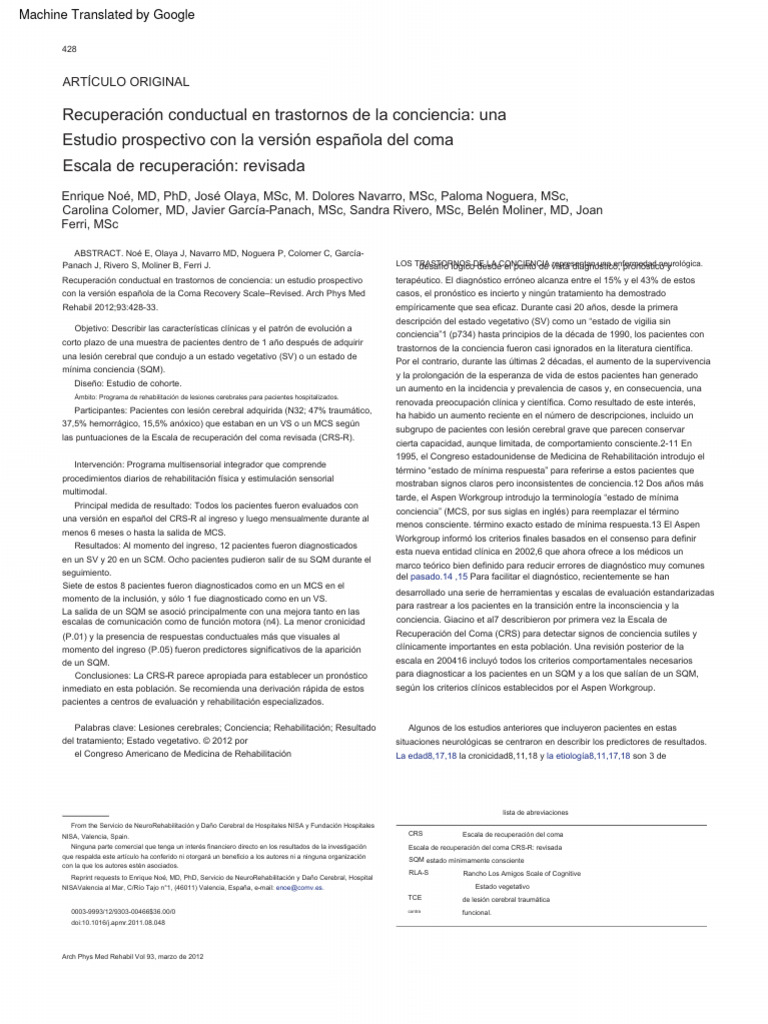 Estudio sobre recuperación en trastornos de conciencia | PDF | Coma ...