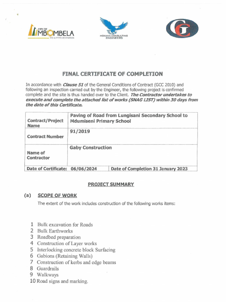 Final Completion Certificate | PDF