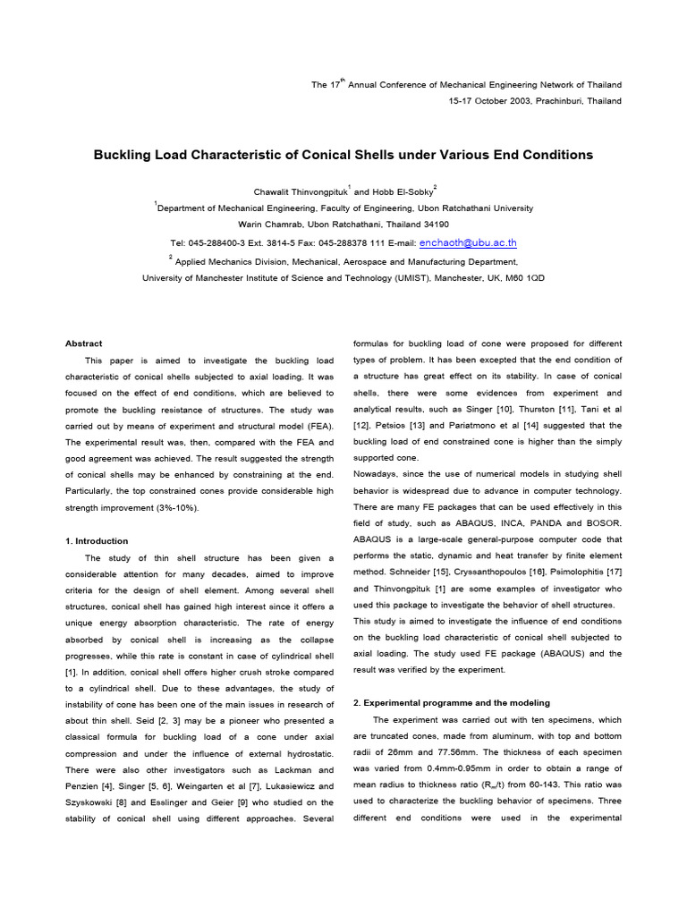 Buckling Load Characteristic of Conical Shells Under Various End ... Buckling Load Characteristic of Conical Shells Under Various End ...