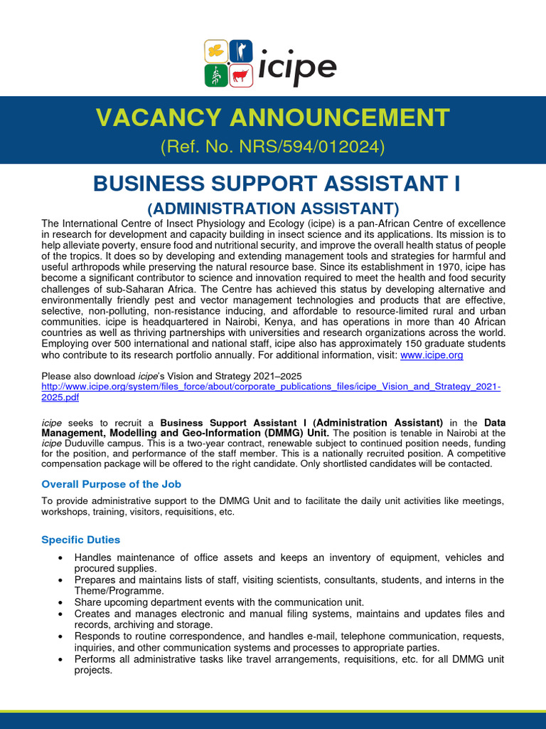 Business Support Assistant Vacancy at icipe | PDF