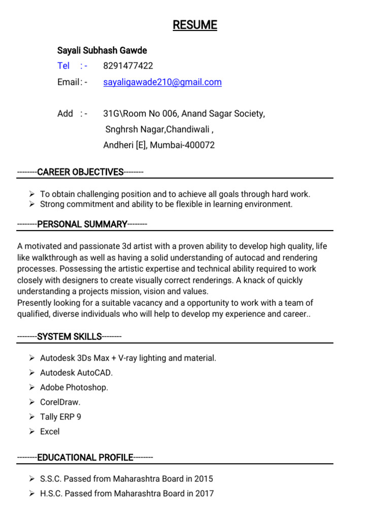 3D Artist Resume of Sayali Gawde | PDF