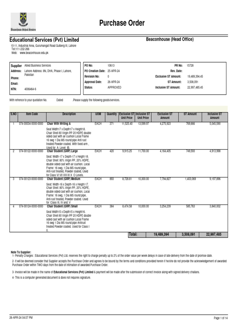 School Furniture Purchase Order | PDF
