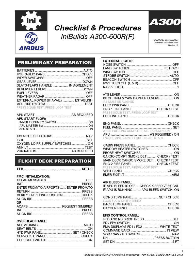 Inibuilds A300 Checklist v1.0 | PDF | Takeoff | Cockpit