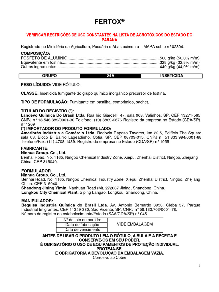 Bula Fertox | PDF | Embalagem e rotulagem | Umidade