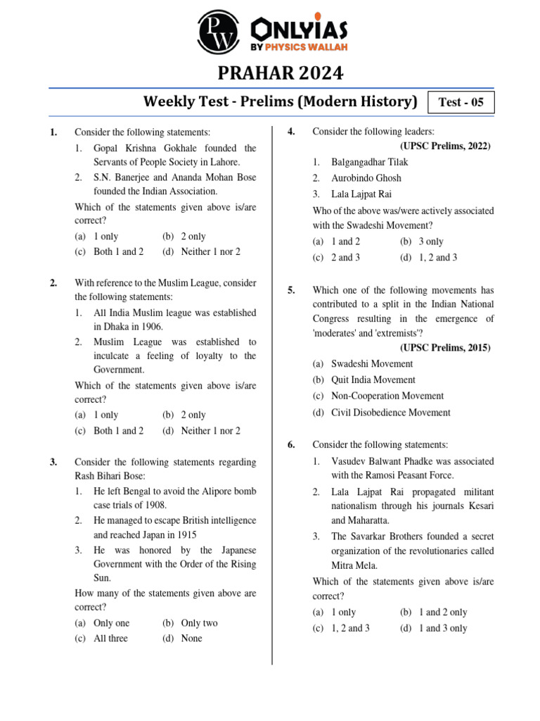 Weekly Prelims Test 05 - (Modern History) - Prahar 2.0 (Hinglish) 2024 ...