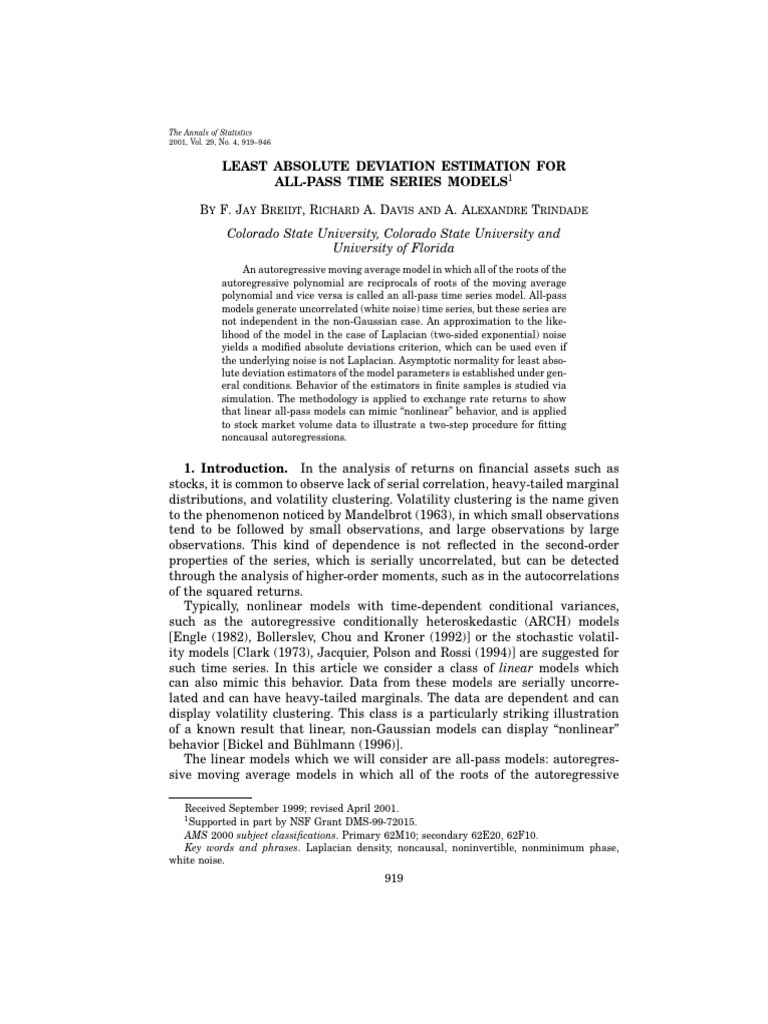 Least Absolute Deviation Estimation For All-Pass Time Series Models | PDF | Mean Squared Error ...