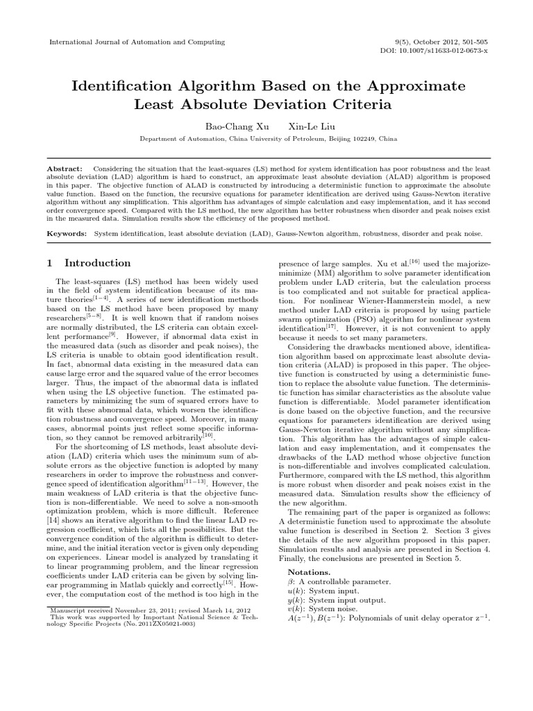 Identification Algorithm Based On The Approximate Least Absolute ... Identification Algorithm Based On The Approximate Least Absolute ...