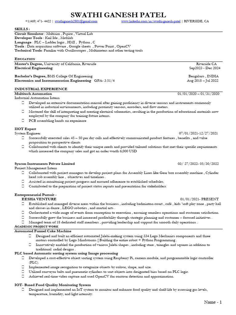 SWATHI GANESH PATEL - 1 Resume | PDF | Programmable Logic Controller ...