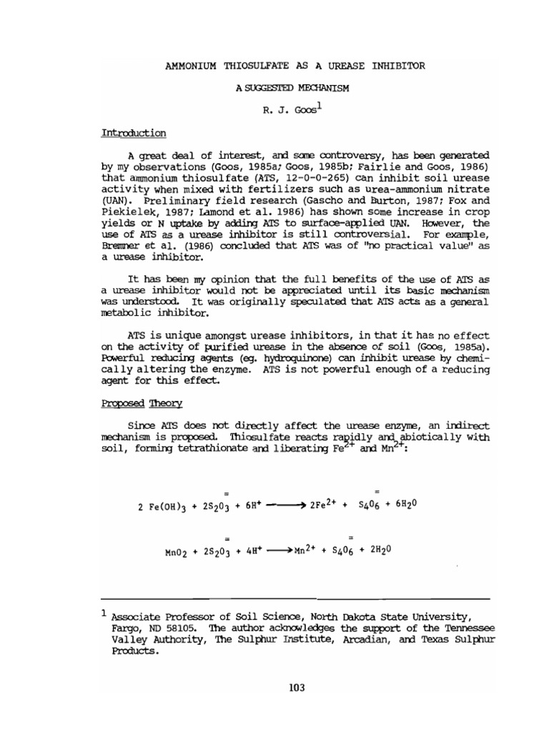 Ammonium Thiosulfate As A Urease Inhibitor A Suggested Mechanism | PDF ...