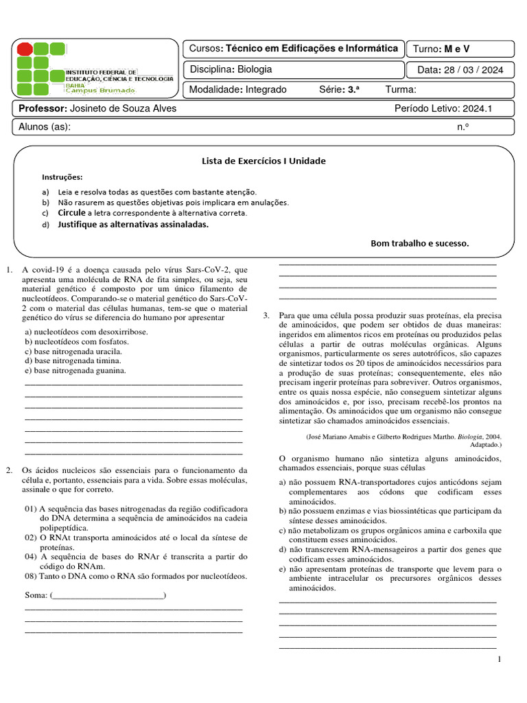 Lista de Exerc - I Unid 3. - Ano (2024.1) | PDF | RNA | Ácidos nucleicos