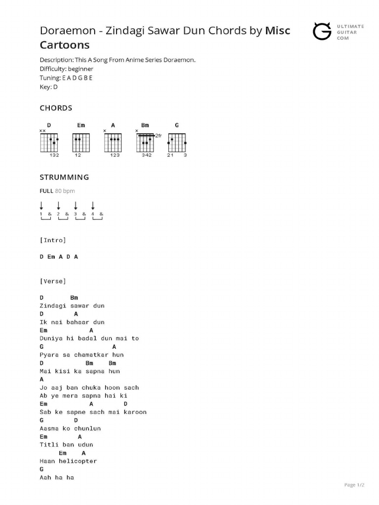 Doraemon - Zindagi Sawar Dun Chords | PDF