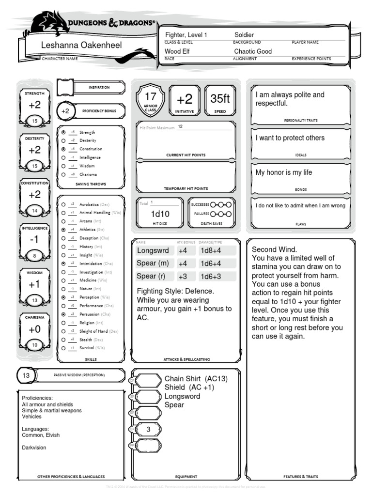 Charactersheet Leshanna Oakenheel | PDF