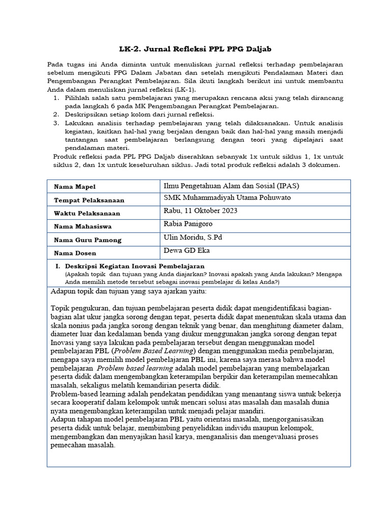 LK-2. Jurnal Refleksi PPL PPG Daljab | PDF