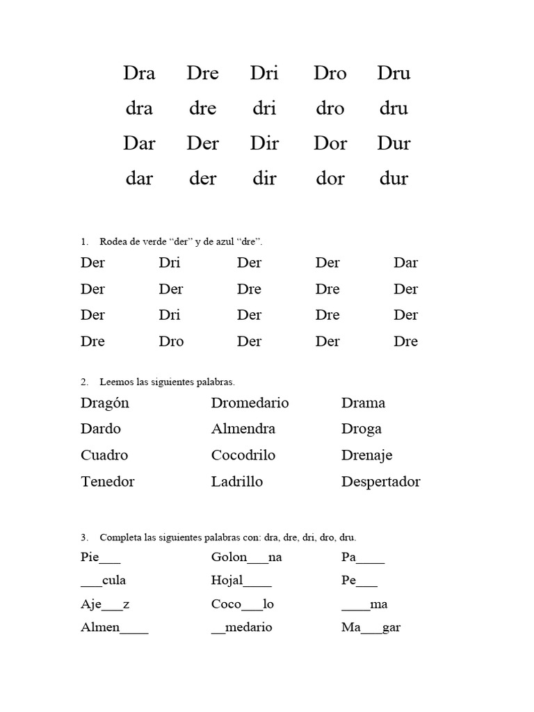Palabras con dra, dre, dri, dro, dru | PDF | Artes del Lenguaje y ...