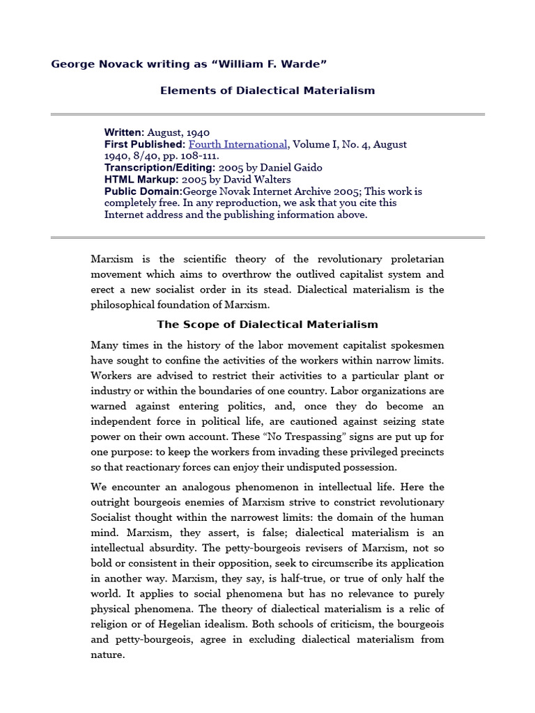 George Novack Writing As "William F. Warde" Elements of Dialectical ...